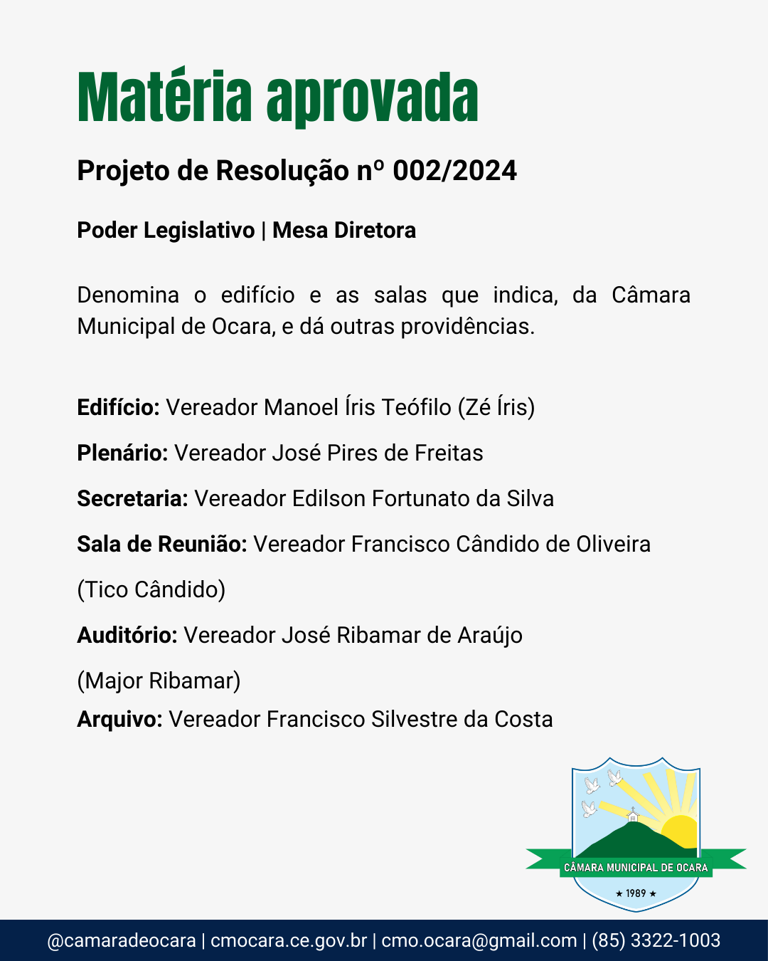 Projeto de Resolução nº 002/2024 – Câmara Municipal de Ocara